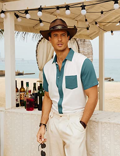 PJ PAUL JONES Men 50s Retro Bowling Shirt Short Sleeve Summer Beach Shirt White, Small