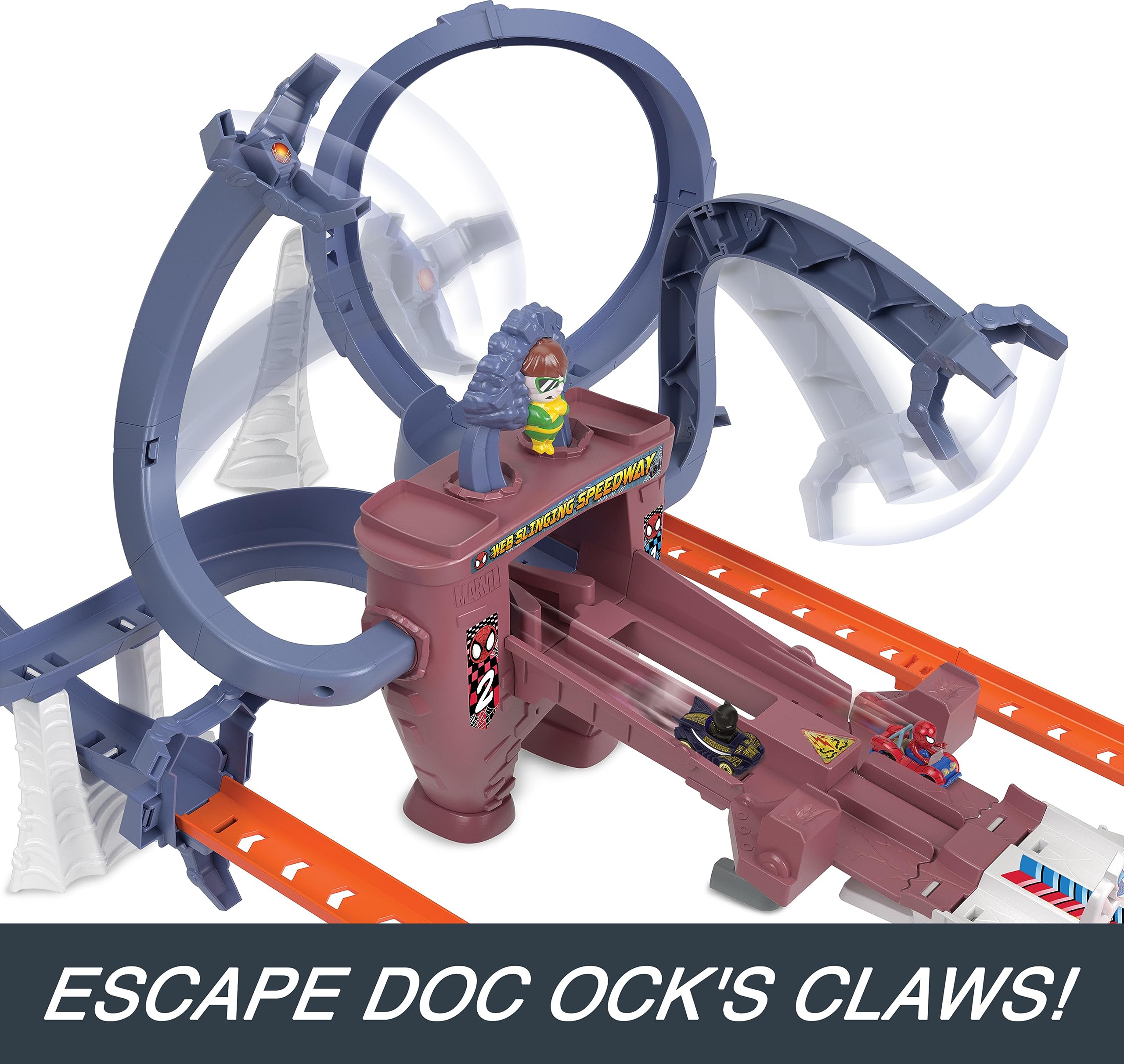Hot Wheels Toy Car Track Set, RacerVerse Spider-Man’s Web-Slinging Speedway, Competitive Race with 2 Die-Cast Vehicles: Spider-Man & Black Panther