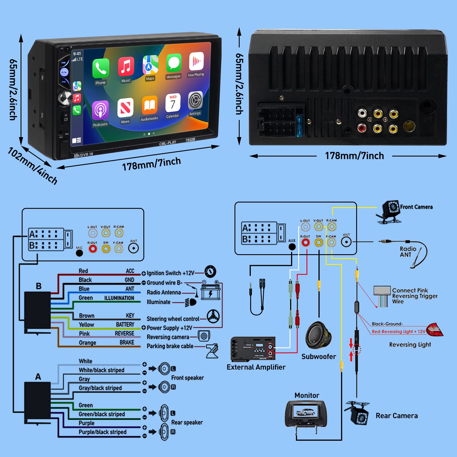 ACTASIAN Double Din Car Stereo with Apple Carplay and Android Auto,7 Inch Touchscreen Car Radio with Backup Camera,Bluetooth,Mirror Link,FM/MP3/USB/TF/SWC/Subwoofer,Aux Input