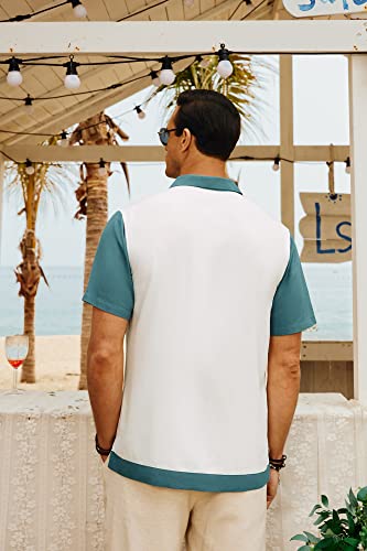 PJ PAUL JONES Men 50s Retro Bowling Shirt Short Sleeve Summer Beach Shirt White, Small