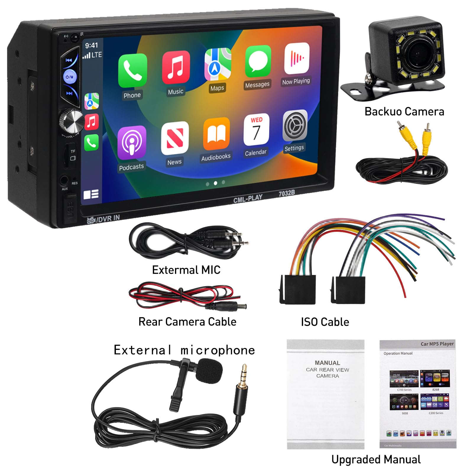 ACTASIAN Double Din Car Stereo with Apple Carplay and Android Auto,7 Inch Touchscreen Car Radio with Backup Camera,Bluetooth,Mirror Link,FM/MP3/USB/TF/SWC/Subwoofer,Aux Input