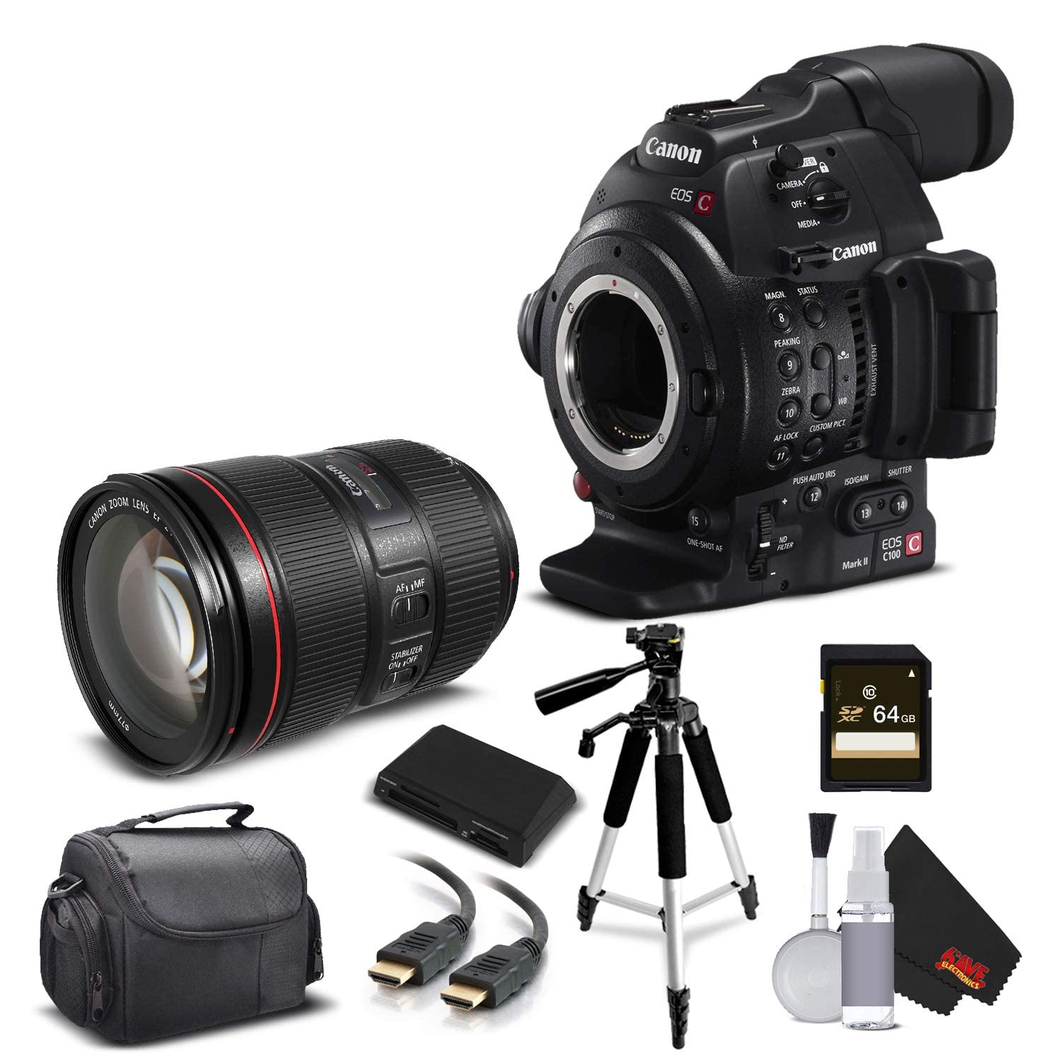 Canon EOS C100 Mark II with Dual Pixel CMOS AF 0202C002 & EF 24-105mm f/4L is II USM Lens with Memory Card, Case, Tripod, and More - Starter Bundle - (International Version) (Renewed)