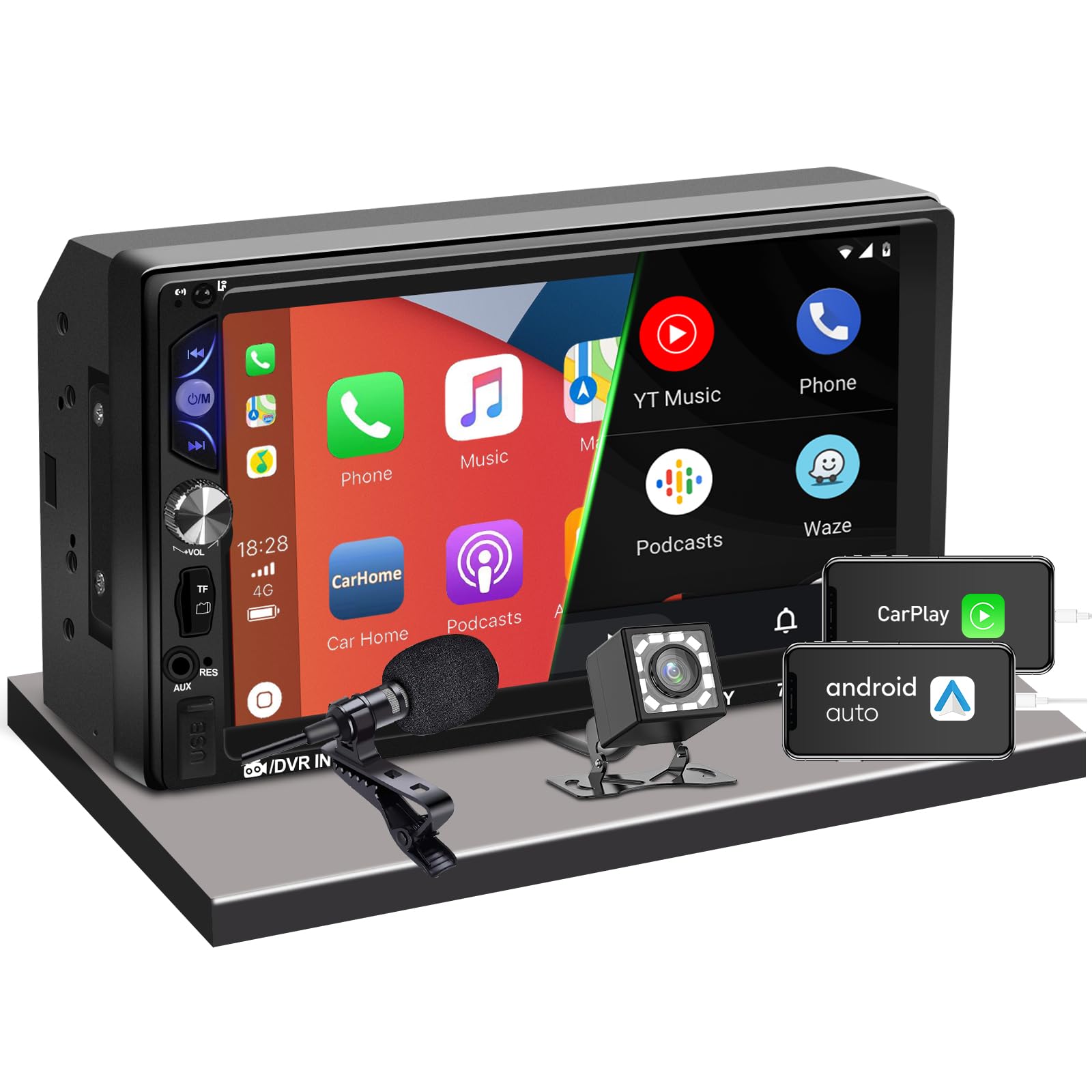 ACTASIAN Double Din Car Stereo with Apple Carplay and Android Auto,7 Inch Touchscreen Car Radio with Backup Camera,Bluetooth,Mirror Link,FM/MP3/USB/TF/SWC/Subwoofer,Aux Input