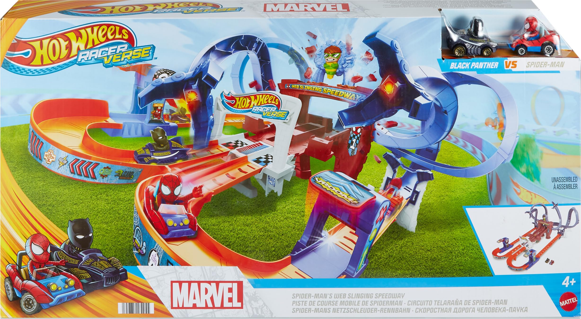 Hot Wheels Toy Car Track Set, RacerVerse Spider-Man’s Web-Slinging Speedway, Competitive Race with 2 Die-Cast Vehicles: Spider-Man & Black Panther