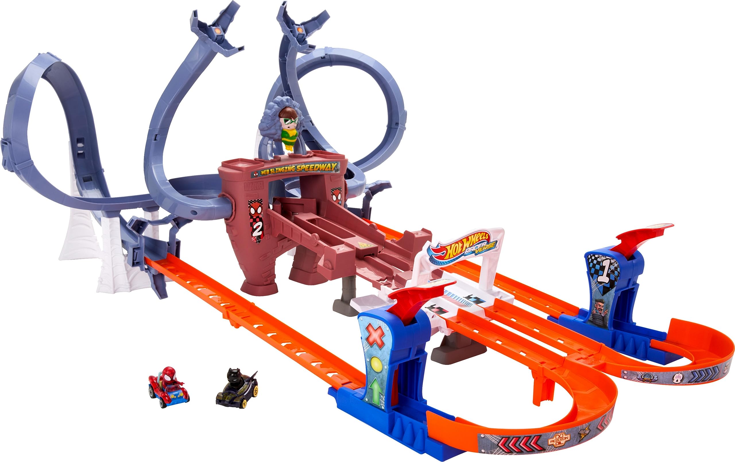Hot Wheels Toy Car Track Set, RacerVerse Spider-Man’s Web-Slinging Speedway, Competitive Race with 2 Die-Cast Vehicles: Spider-Man & Black Panther