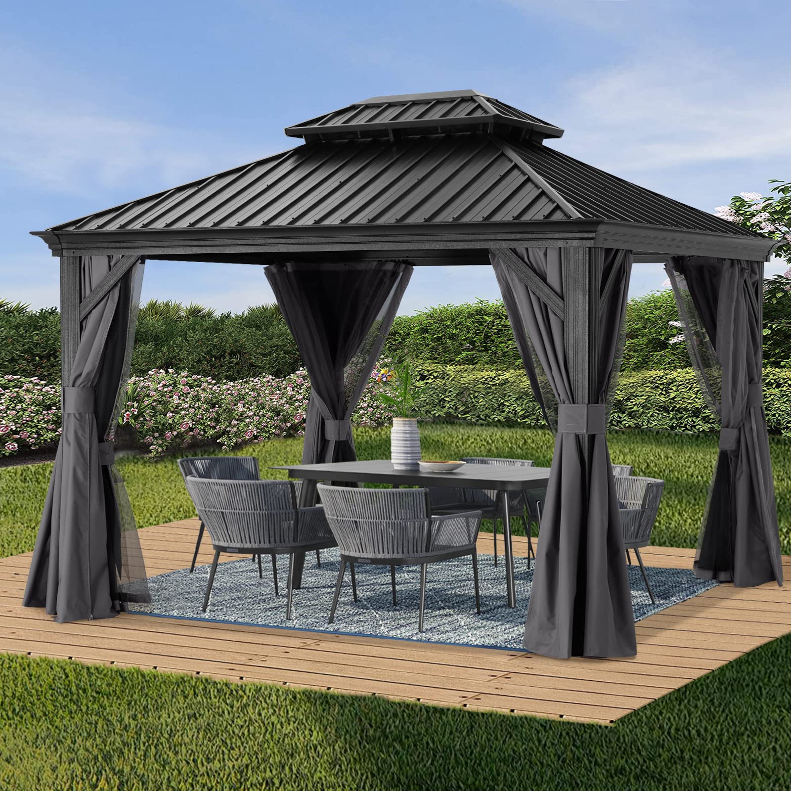 ABCCANOPY Hardtop Gazebo 10x12 - Outdoor Metal Hard Top Gazebo, Permanent Galvanized Steel Aluminum Framed Pavilion with Netting and Curtain for Patio Backyard Lawn Garden (Double Roof, Gray)