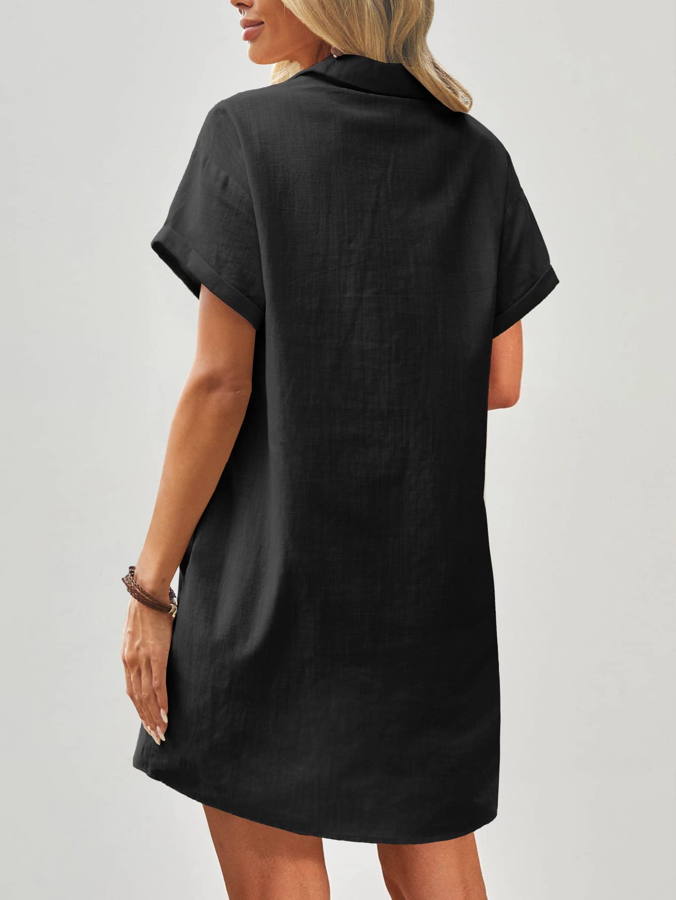 Zeagoo Womens Casual Summer Cotton Drsss Short Sleeve A-line Dress Button Down Beach Sundress with Pockets.Black,Medium