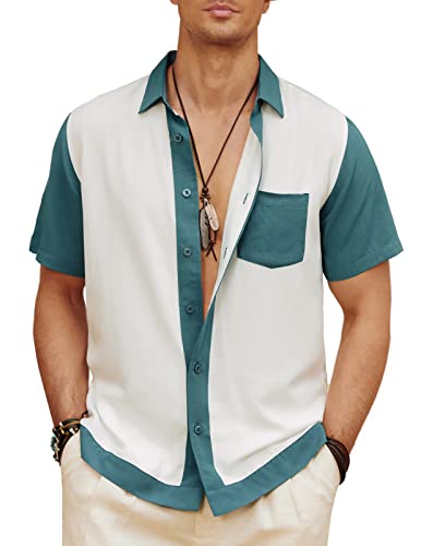 PJ PAUL JONES Men 50s Retro Bowling Shirt Short Sleeve Summer Beach Shirt White, Small