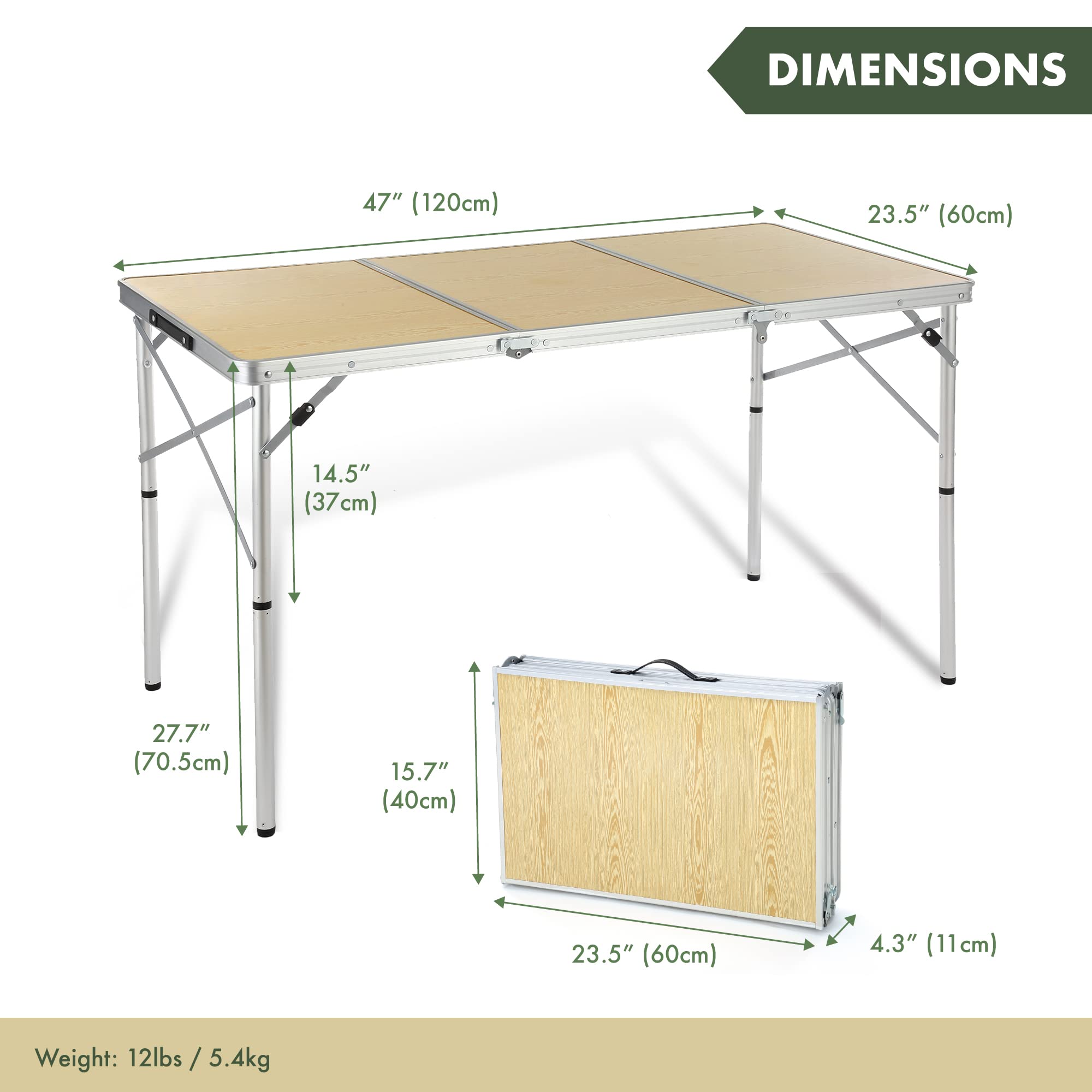 ARROWHEAD OUTDOOR 4β ft Heavy-Duty Portable Aluminum Frame Folding Table w/Leveling Feet, Solid Tabletop Surface, 2 Adjustable Heights, Carrying Case Included, Lightweight, USA-Based Support