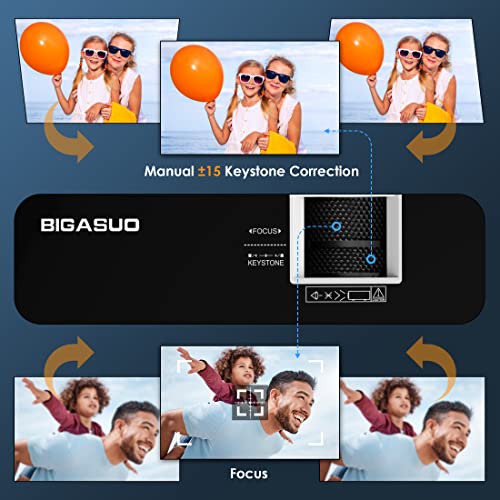 Native 1080P Bluetooth Projector - BIGASUO 250" Outdoor Movie Projector with Screen, Full HD Portable Home Theater Video Projector Compatible with HDMI, VGA, USB, Laptop, iOS and Android Smartphones