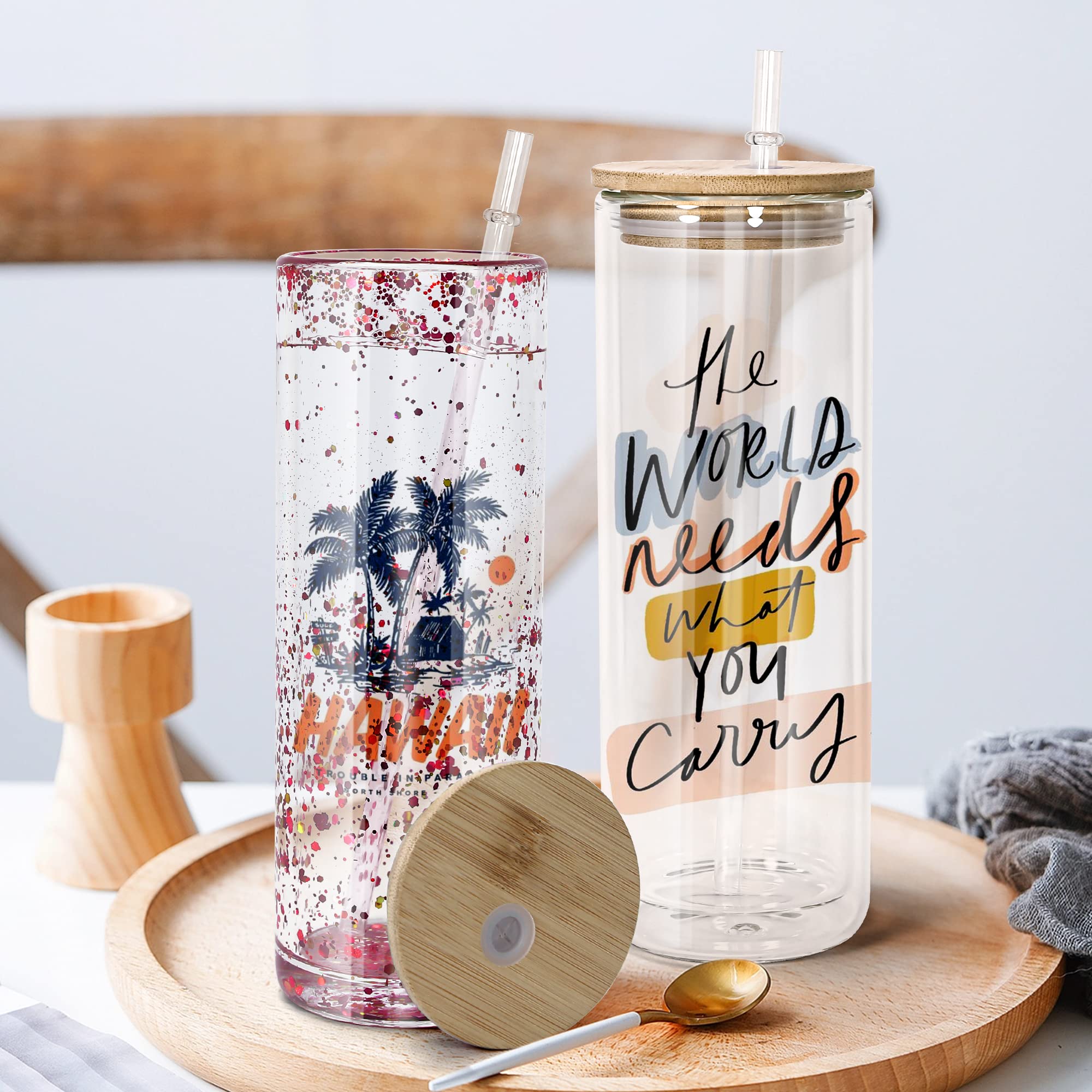 AGH 25OZ Snow Globe Glass Tumbler,2 Pack Sublimation Glass with Bamboo Lids and Straws, Double Wall Sublimation Beer Can Glasses Can Shaped Tumblers with Pre Drilled Hole for DIY