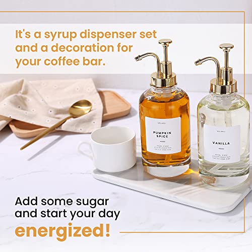 Molimoli Coffee Syrup Dispenser for Coffee Bar, Coffee Pump Dispenser, Glass Syrup Bottle w. Pumps and Labels, 16.9 oz 500 ml, Set of 2, Gold