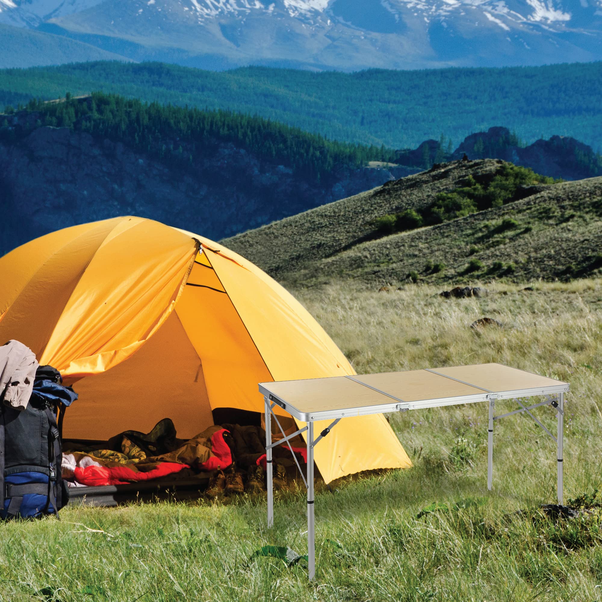 ARROWHEAD OUTDOOR 4β ft Heavy-Duty Portable Aluminum Frame Folding Table w/Leveling Feet, Solid Tabletop Surface, 2 Adjustable Heights, Carrying Case Included, Lightweight, USA-Based Support