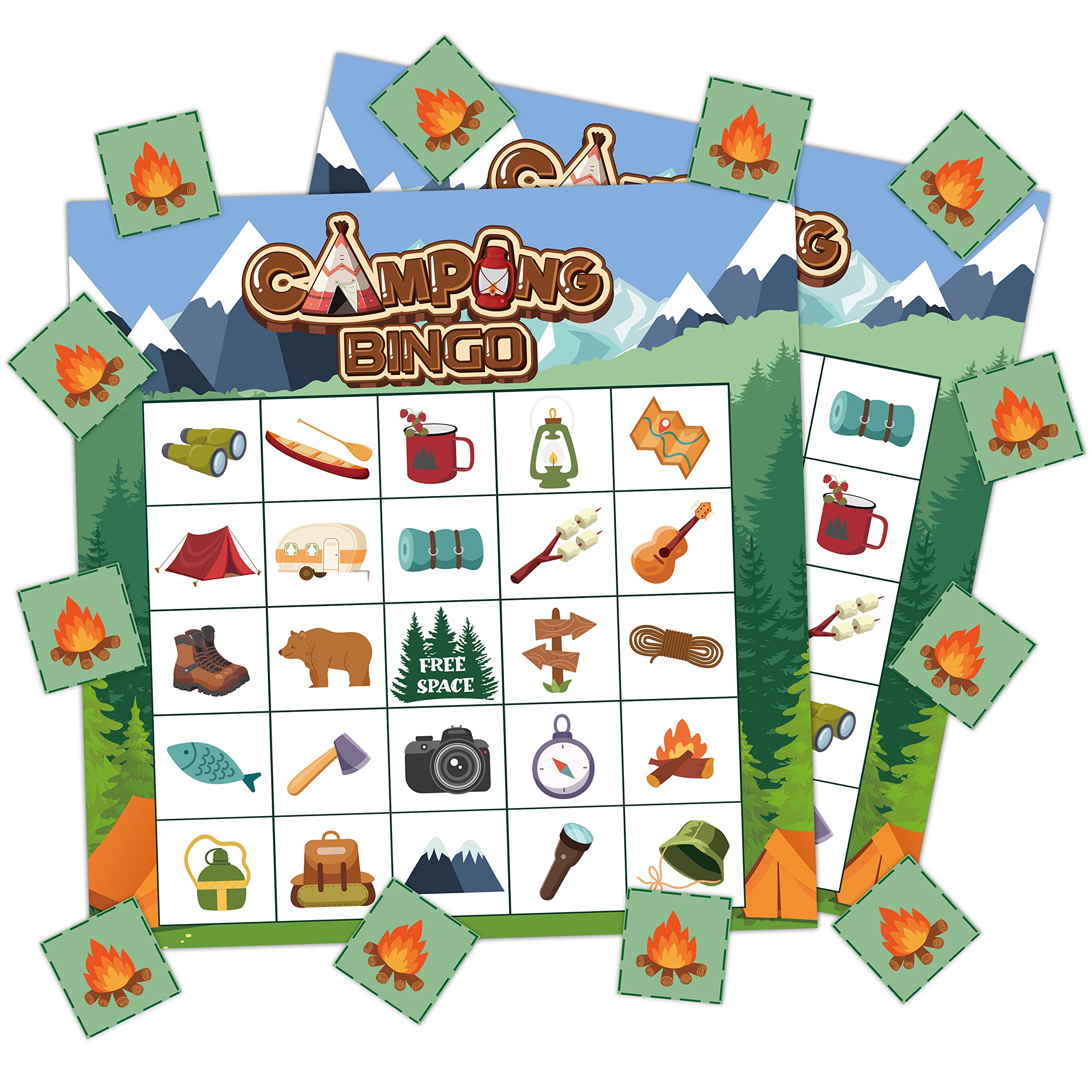 41Pcs Camping Bingo Game Cards for Kids - Camp Adventure Party Games with 24 Players - Jungle Bingo Cards Chips for Kids Family Travel Indoor Outdoor Activities School Classroom Birthday Supplies