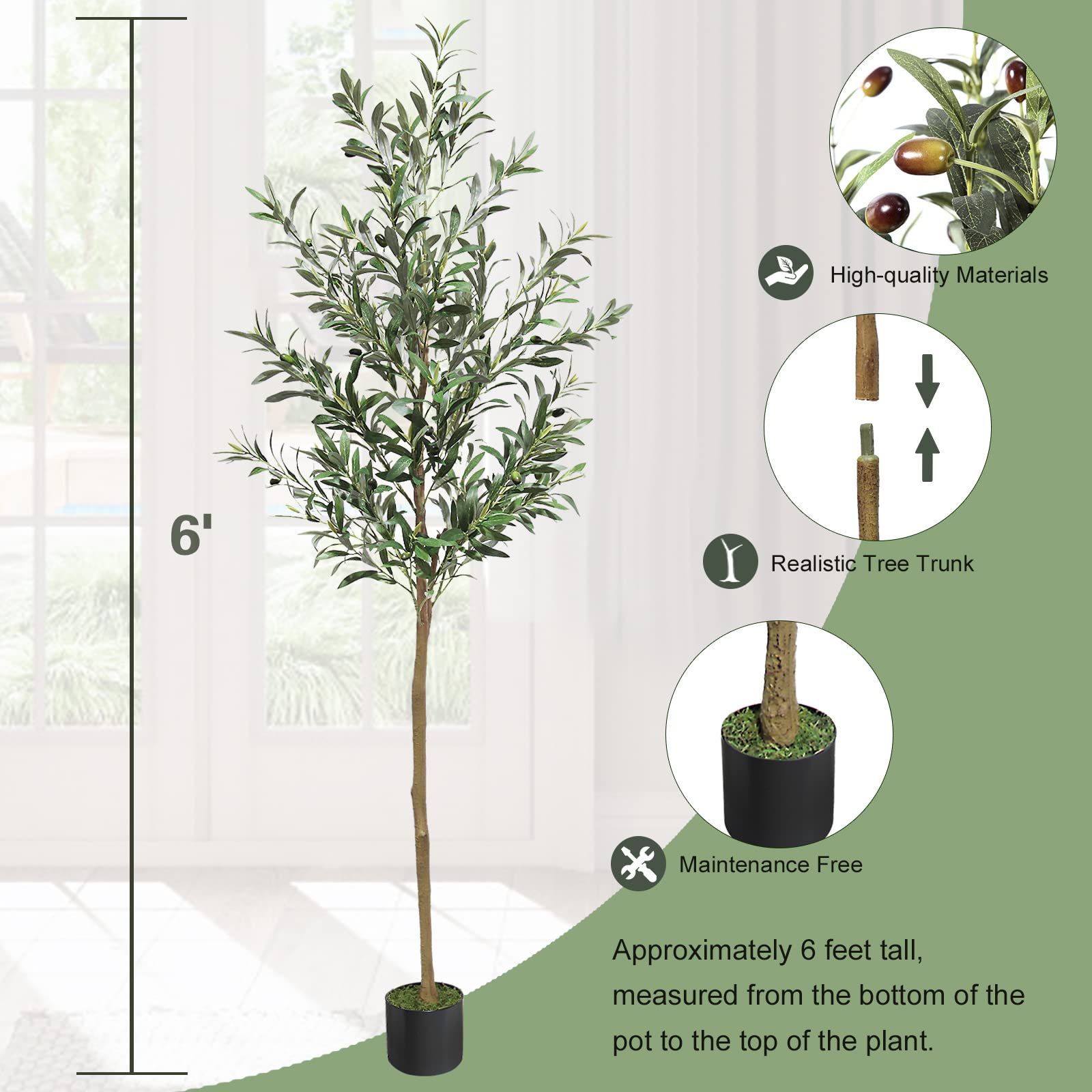 Artifical Tree 6FT Faux Olive Tree for Office Home Decor Fake OliveTree Indoor with Natural Trunk and Lifelike Fruits in a Pot for Housewarming Gift(1 Pack)