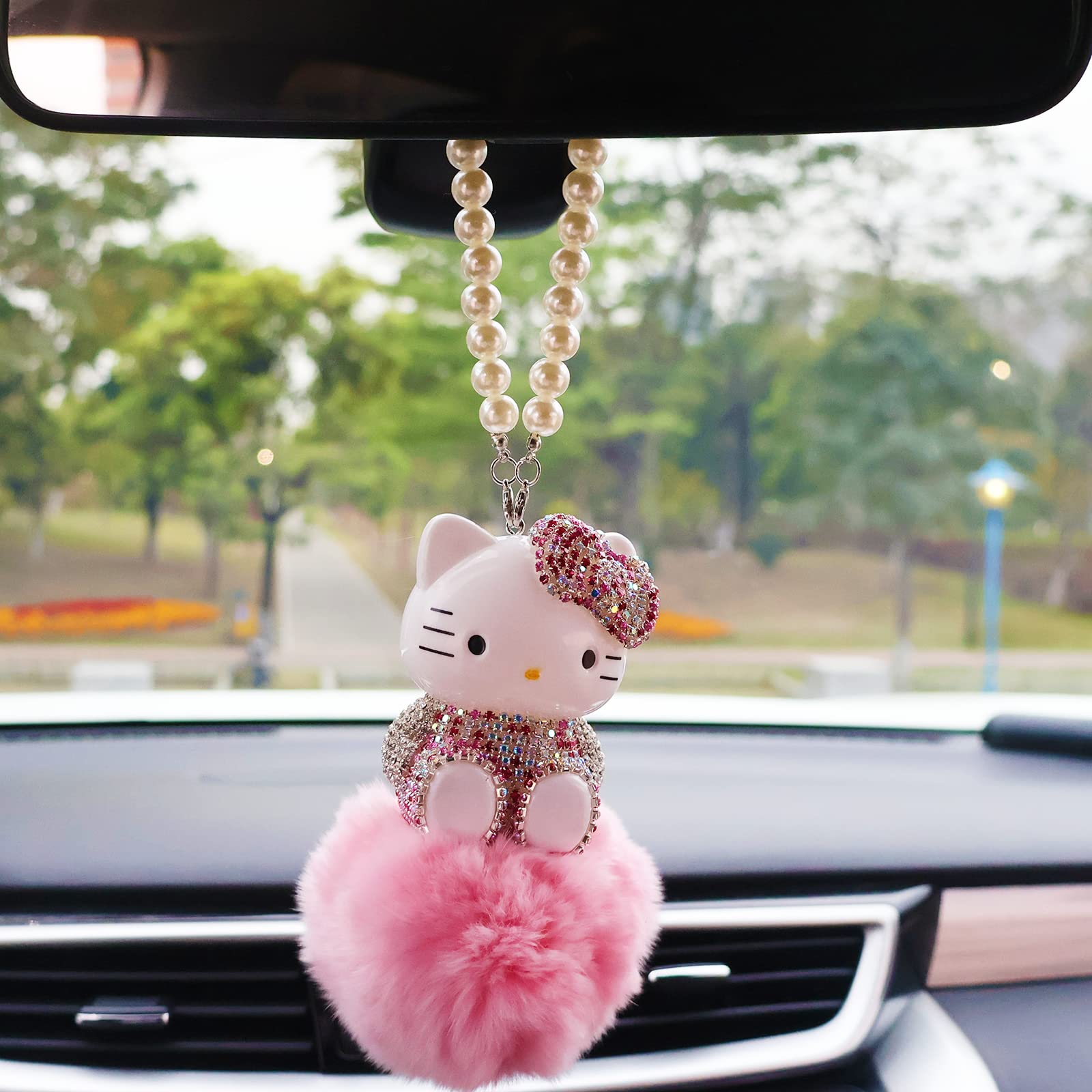 Cute Anime Cat Car Accessories for Women and Girls Bling Diamond Rear View Mirror Accessories Car Mirror Hanging Accessories Ornament Funny Car Decor Pendant Car Charm(Pink)