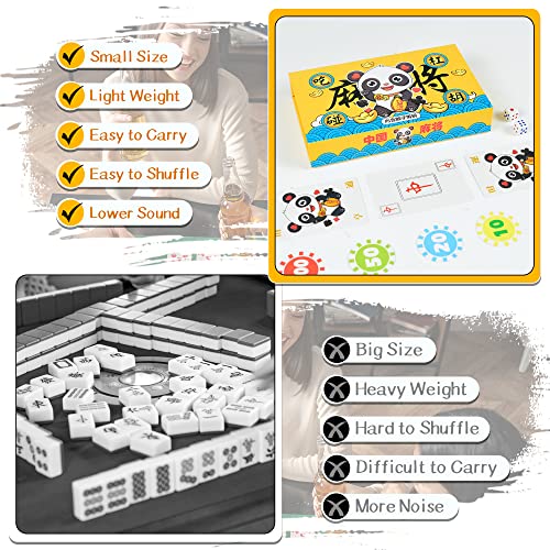 Sishynio Mahjong Cards Gift Set, Mah-Jongg Playing Cards with Dice & Chips, 2023 Handheld Cartoon Majiang Game, Classical Chinese Table Game, for Leisure Time Party Traveling Gifts (Pattern of Panda)