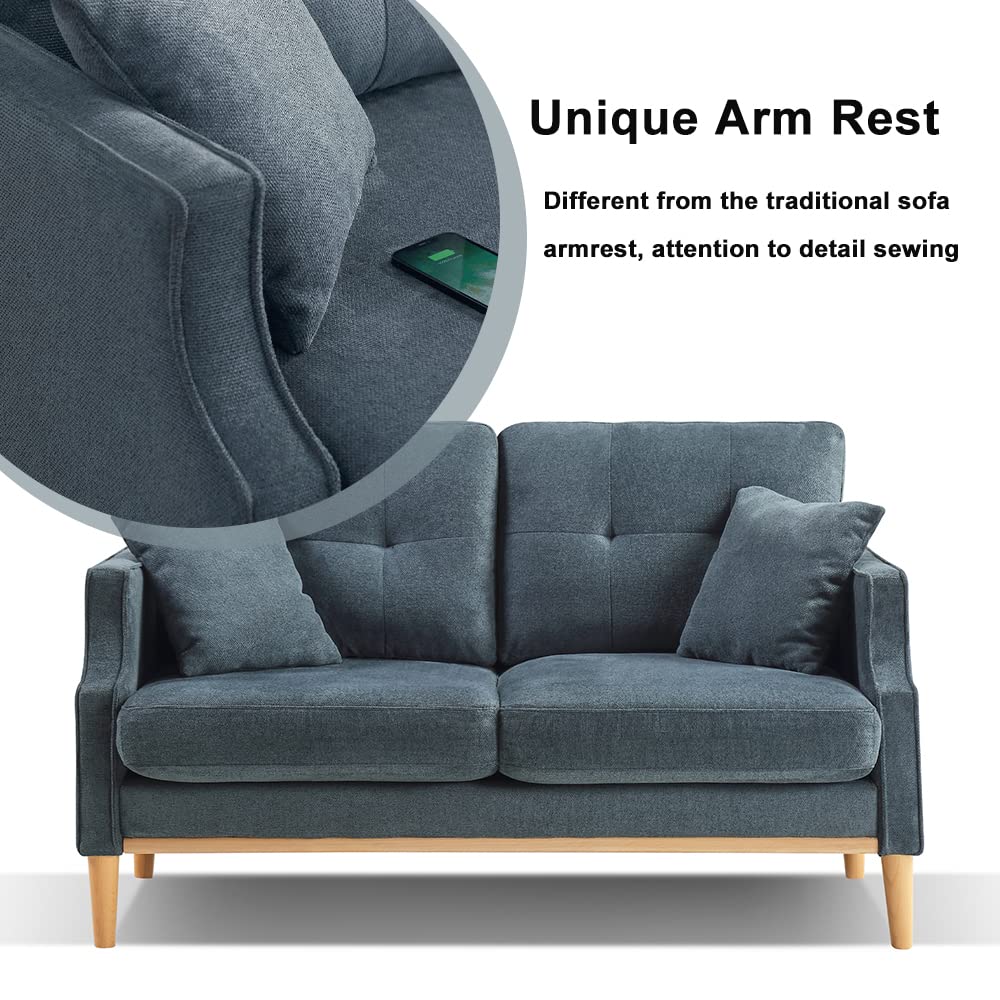 ARUGOU 56.7" W Loveseat Sofa, Love Seat Couch with USB Charge Port and 2 Pillows, Comfortable Thickness Cushion and Waterproof Fabric, Easy to Install 2 Seat Couches for Living Room, Bedroom (Blue)