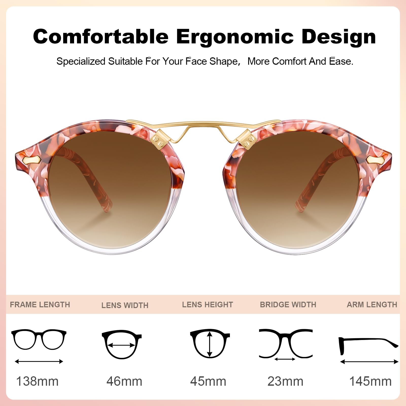 CARFIA Small Acetate Polarized Sunglasses for Women UV Protection, Retro Double Bridge Eyewear Metal Brow Round Sunnies