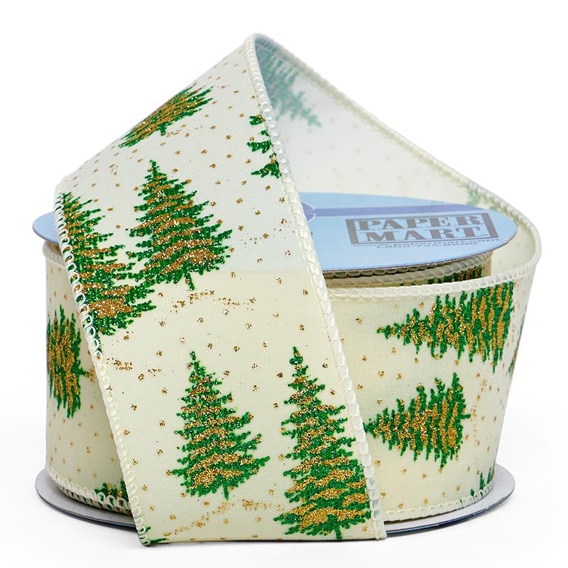 2 1/2" X 10 Yards Christmas Trees On Wired Ribbon,Glitter Pine Trees Ivory Velvet, Multi, Roll 1