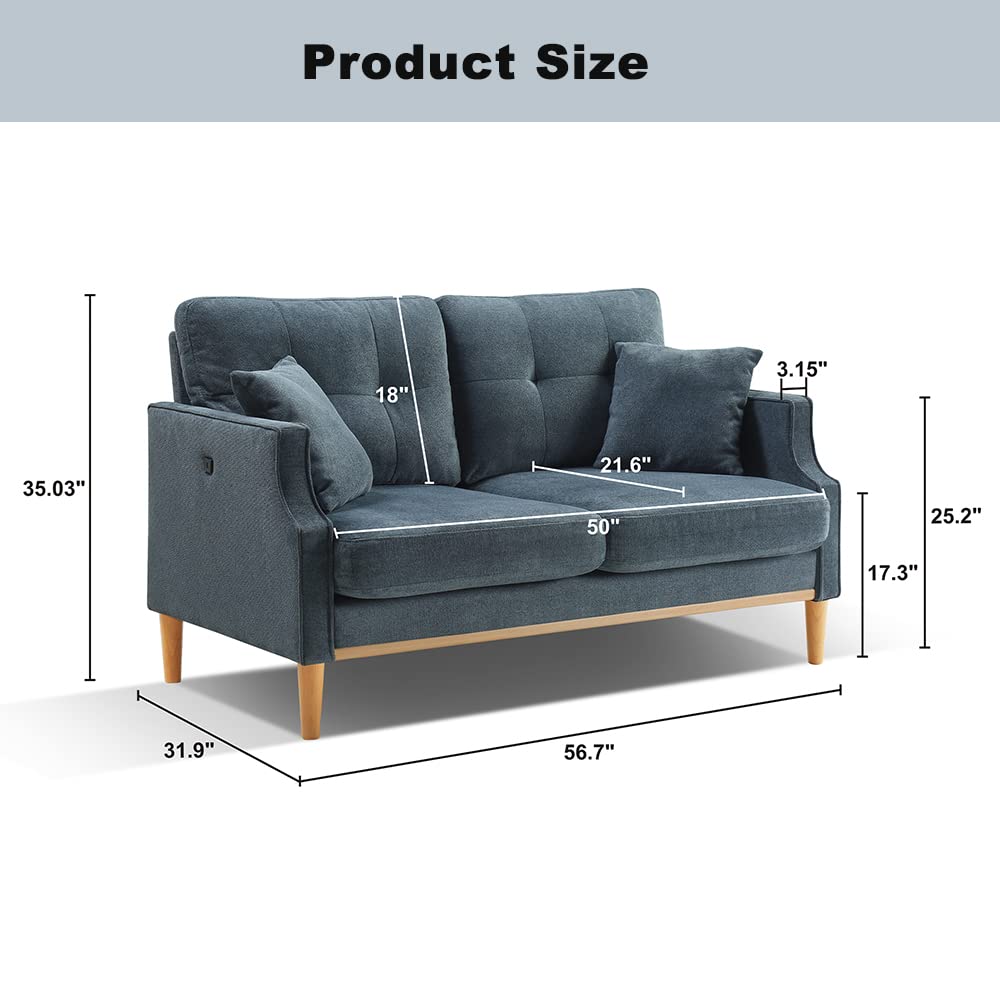 ARUGOU 56.7" W Loveseat Sofa, Love Seat Couch with USB Charge Port and 2 Pillows, Comfortable Thickness Cushion and Waterproof Fabric, Easy to Install 2 Seat Couches for Living Room, Bedroom (Blue)