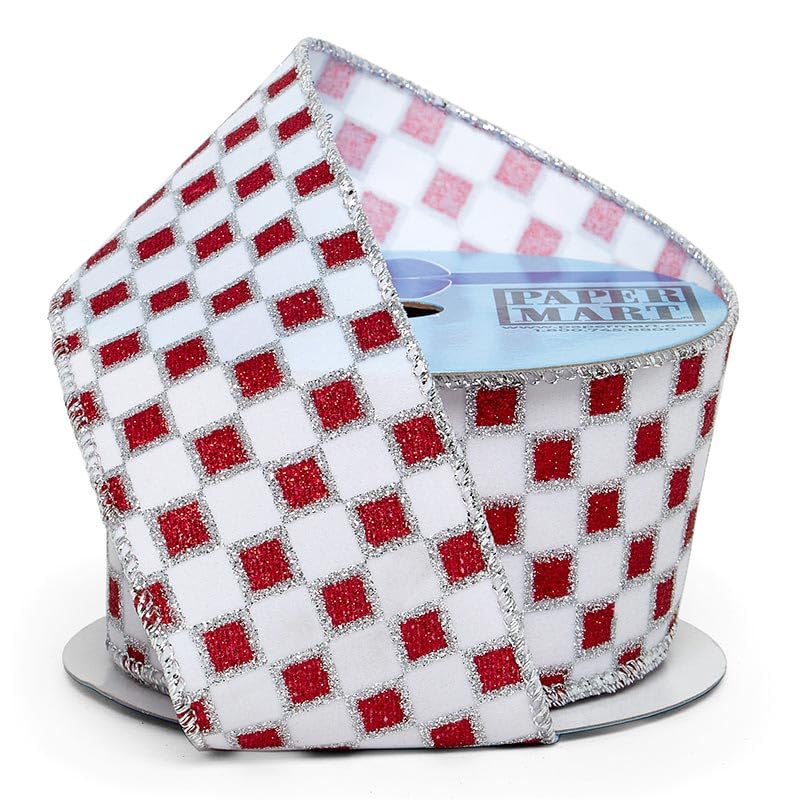 Sparkling Checkered Print On Velvet Wired Ribbon, 2 1/2" X 10 Yards, Red/White, Roll 1