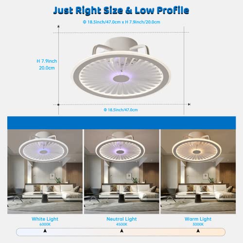 JTfany Ceiling Fans with Lights and Remote 18 Inch Flush Mount Ceiling Fan with Remote Dimmable 3 Speeds Low Profile Ceiling Fan RGB Bladeless Ceiling Fan Quiet Ceiling Fans for Bedroom Kidsroom