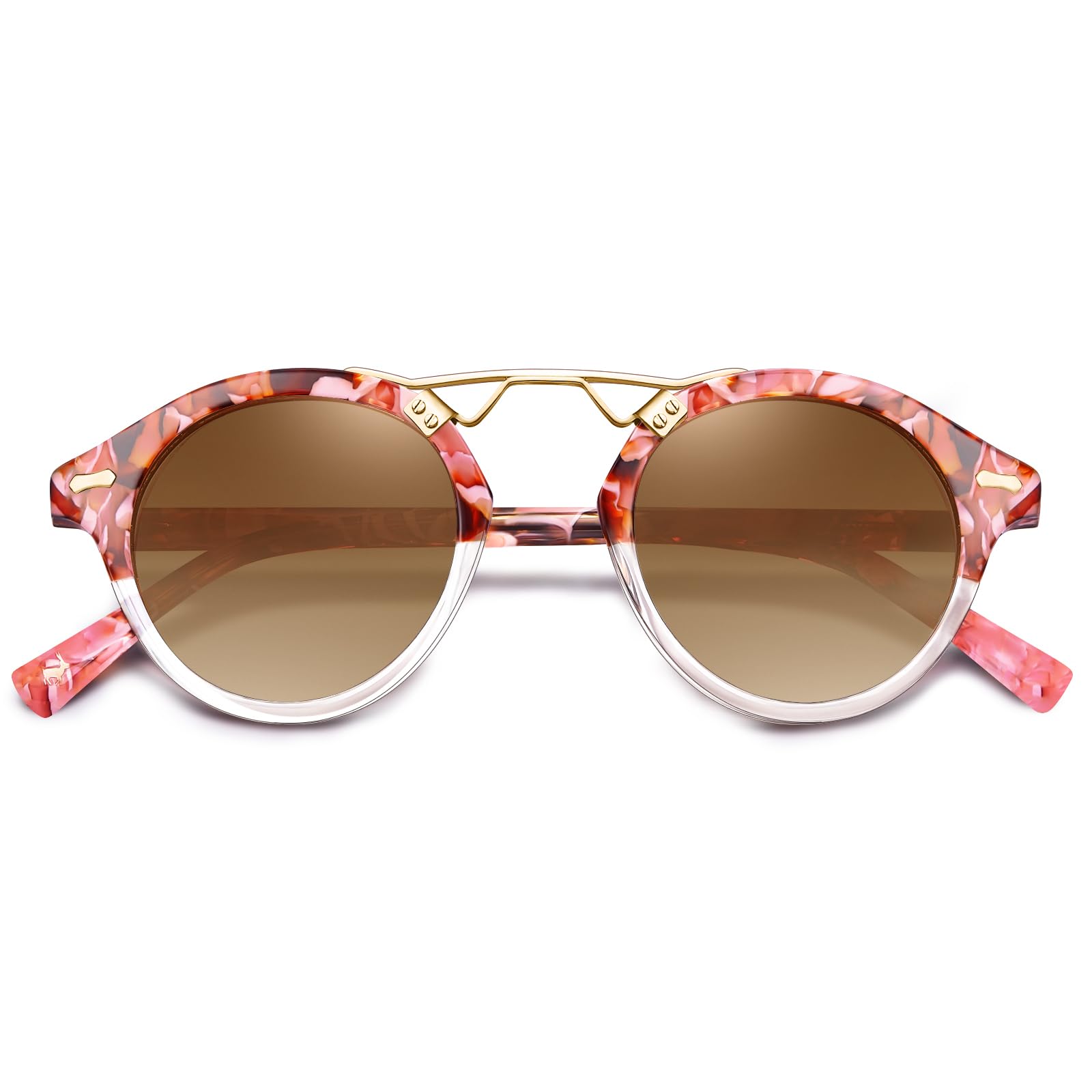 CARFIA Small Acetate Polarized Sunglasses for Women UV Protection, Retro Double Bridge Eyewear Metal Brow Round Sunnies