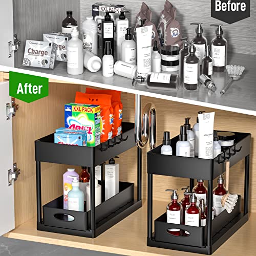 PUILUO Under Sliding Cabinet Basket Organizer, 2 Tier Storage Under Cabinet Bathroom Under Sink Organizers and Storage Black Under Sink Storage for Bathroom Kitchen