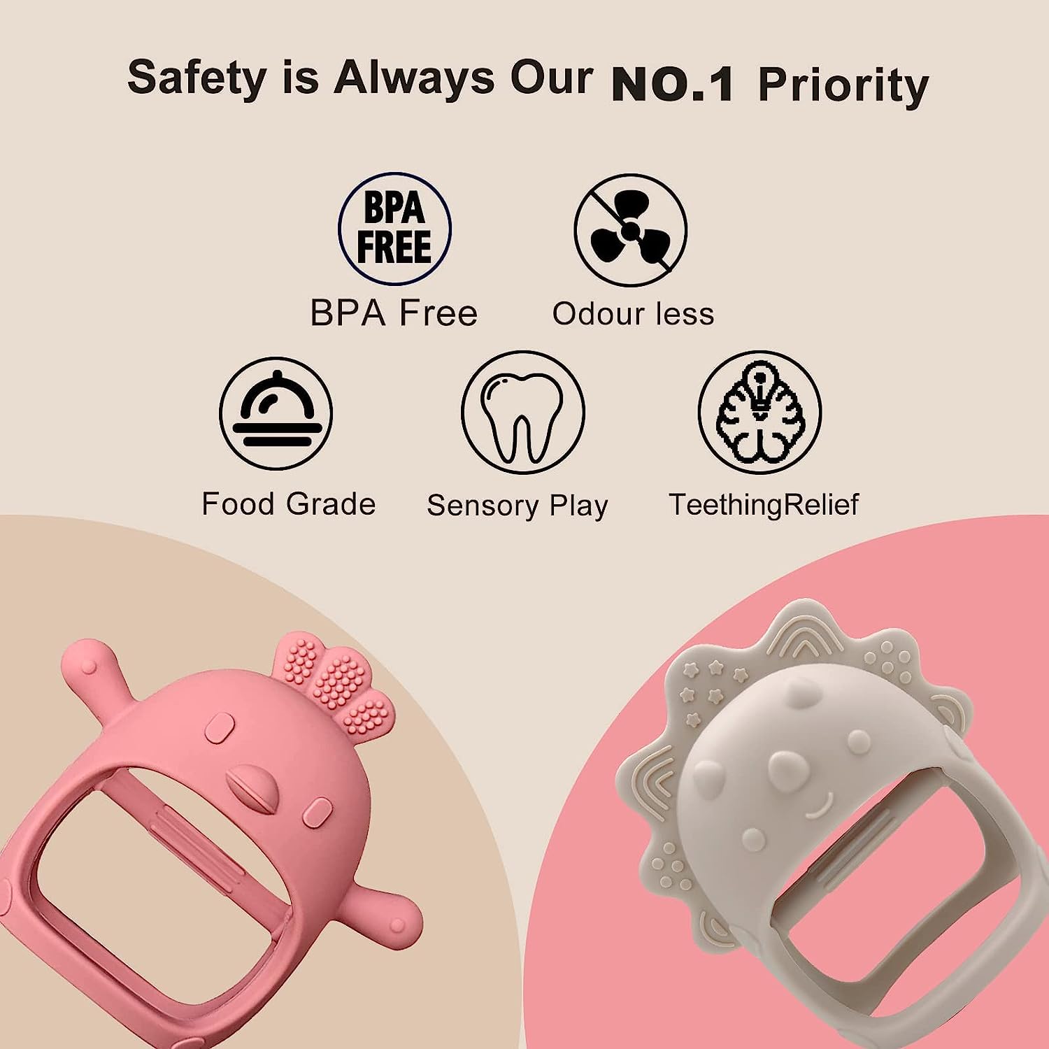 Baby Teething Toys, JUSONEY 2 Packs Anti-Drop Silicone Teething Mitten for Babies 3+ Months, Baby Teething Gloves 3D Chicken and Triceratops Shape Wrist Hand Teethers for Sucking Needs