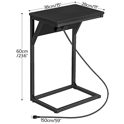 HOOBRO C Shaped End Table with Charging Station, Narrow Sofa Couch Side Table for Small Space, Industrial Bedside Table with Metal Frame for Living Room, Bedroom, Dorm, Black BB06USF01