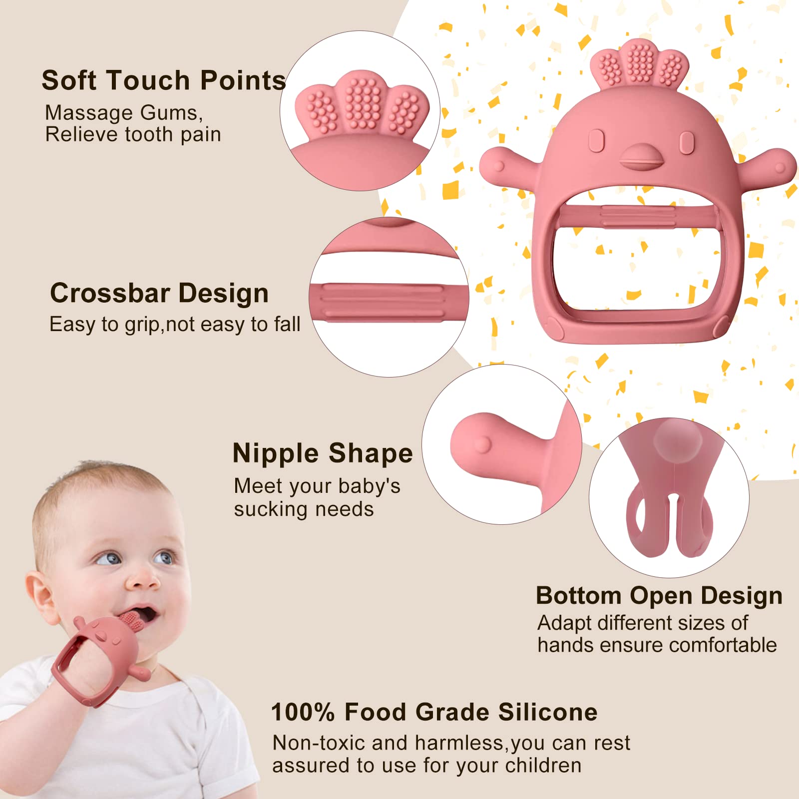 Baby Teething Toys, JUSONEY 2 Packs Anti-Drop Silicone Teething Mitten for Babies 3+ Months, Baby Teething Gloves 3D Chicken and Triceratops Shape Wrist Hand Teethers for Sucking Needs
