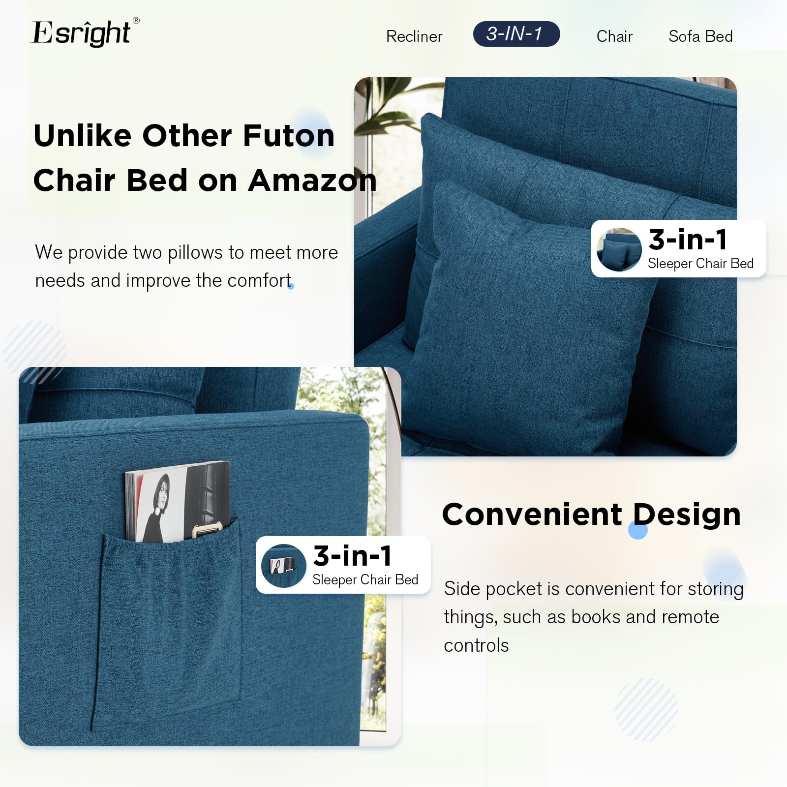 Esright 40 Inch Sleeper Bed 3-in-1 Convertible Futon Chair Multi-Functional Sofa Adjustable Reading Sofa with Modern Linen Fabric, Royal Blue