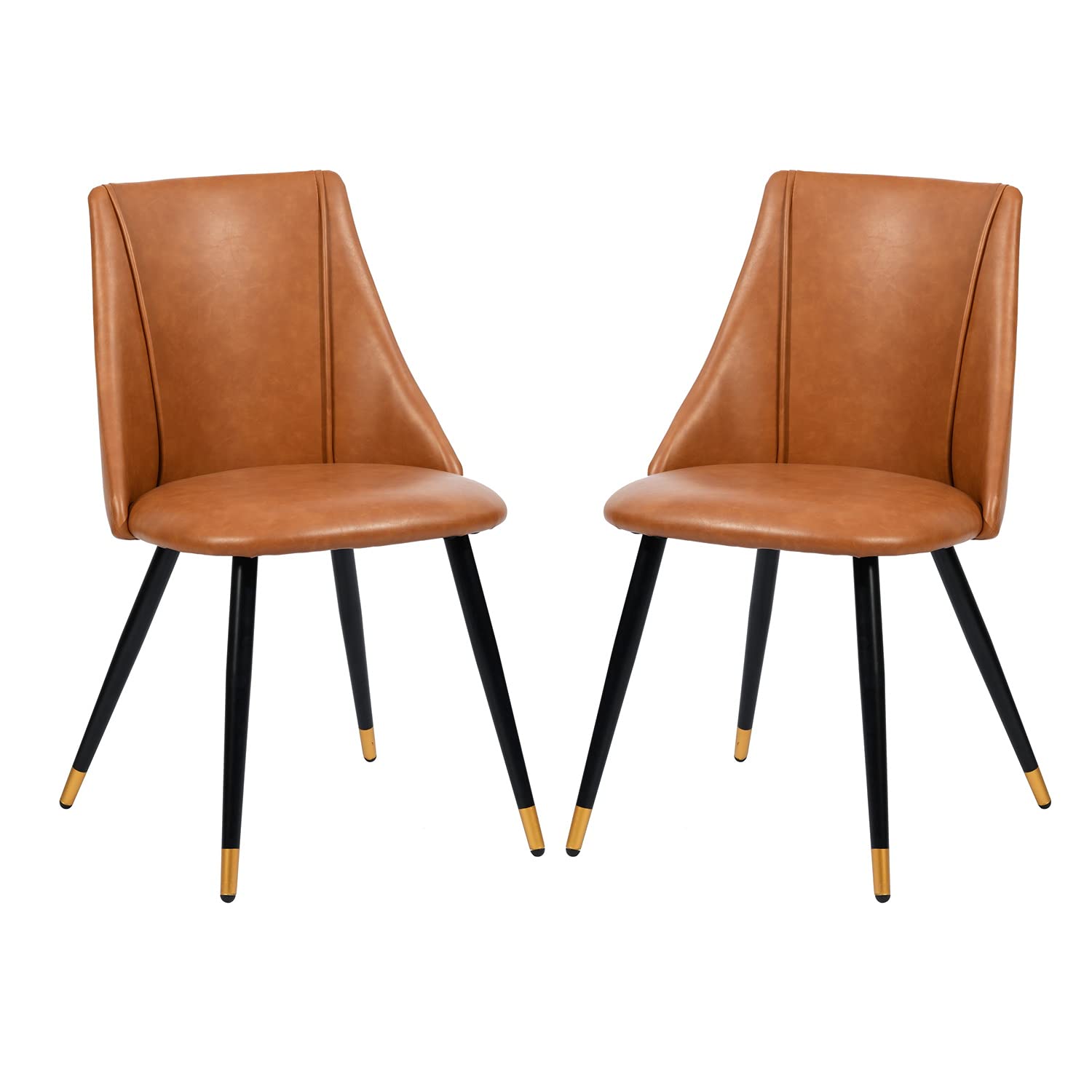 FurnitureR Modern Set of 2 Upholstered Accent Mid Century Armless Leisure Kitchen Living Room Faux Leather Desk Side Metal Black Gold Legs Dining Chair, 19.5" D x 17.7" W x 32.5" H, Cognac