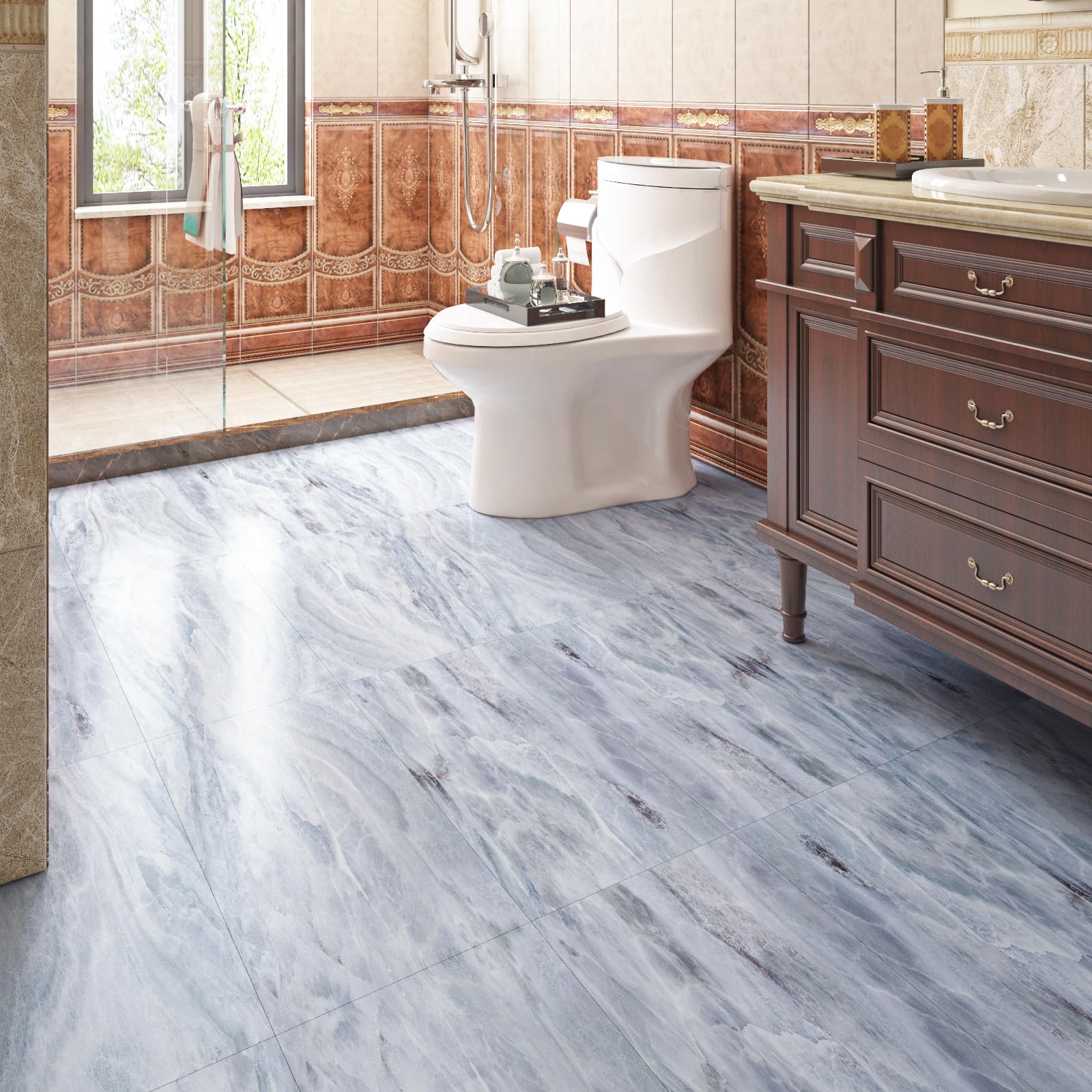 Livelynine 12-Pack 24X12" Blue Marble Vinyl Flooring Peel and Stick Floor Tile Stickers Waterproof Bathroom Floor Tiles Self Adhesive Peel and Stick Flooring Kitchen Renter Friendly Tiles for Floor