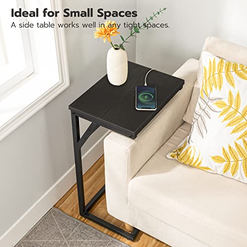 HOOBRO C Shaped End Table with Charging Station, Narrow Sofa Couch Side Table for Small Space, Industrial Bedside Table with Metal Frame for Living Room, Bedroom, Dorm, Black BB06USF01