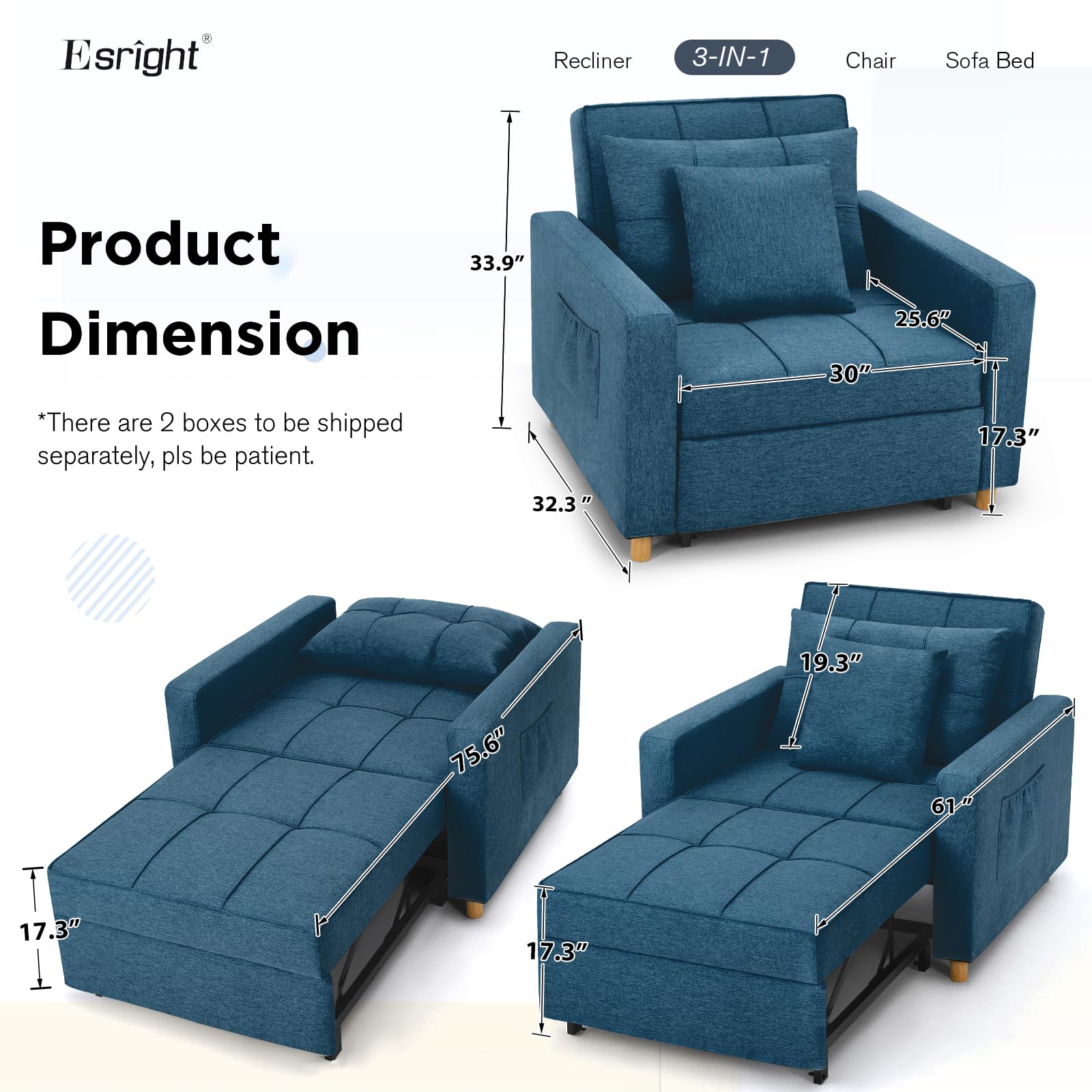 Esright 40 Inch Sleeper Bed 3-in-1 Convertible Futon Chair Multi-Functional Sofa Adjustable Reading Sofa with Modern Linen Fabric, Royal Blue