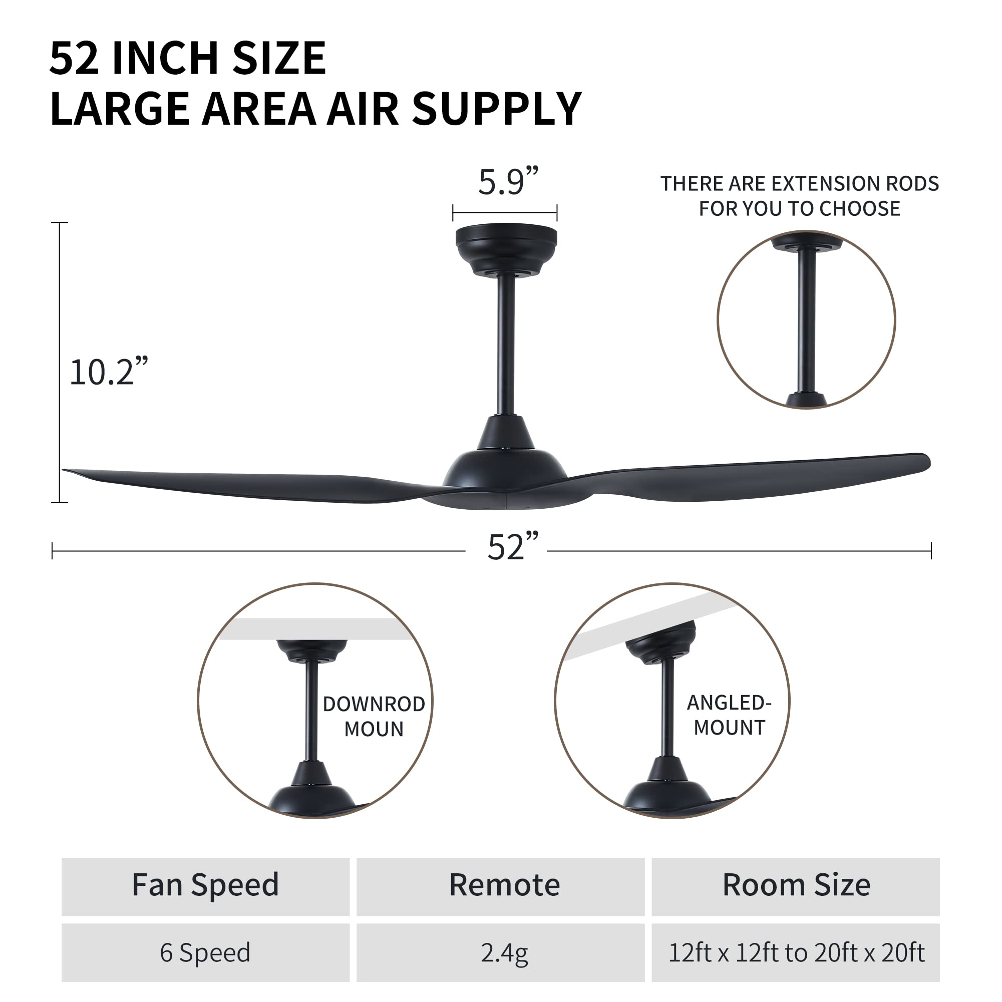 HUMHOLD 52" Ceiling Fan no Lights with Remote, Reversible DC Motor 6-Speed Ceiling Fan, 3 Blades Black Ceiling Fan without Light, Modern Propeller Ceiling Fans for Bedroom, Living Room