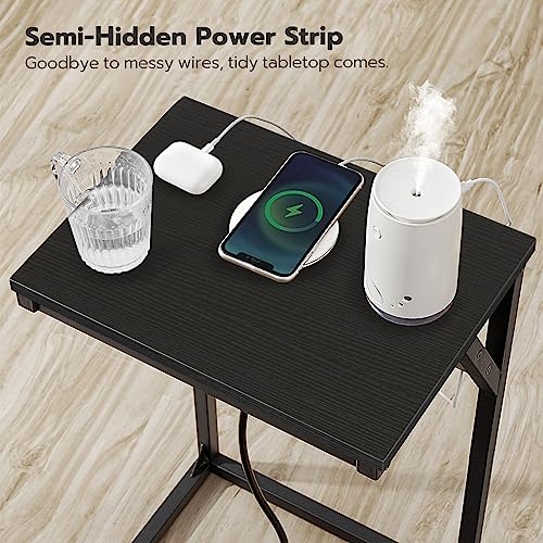 HOOBRO C Shaped End Table with Charging Station, Narrow Sofa Couch Side Table for Small Space, Industrial Bedside Table with Metal Frame for Living Room, Bedroom, Dorm, Black BB06USF01