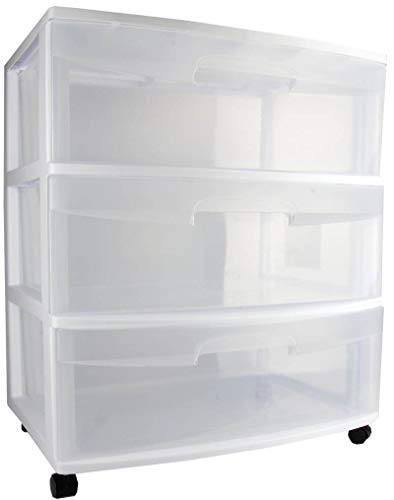 Sterilite At Home Plastic 3 Drawer Wide Storage Cart Container with Removeable Casters for Bathroom, Bedroom, and Dorm Organization (3 Pack)
