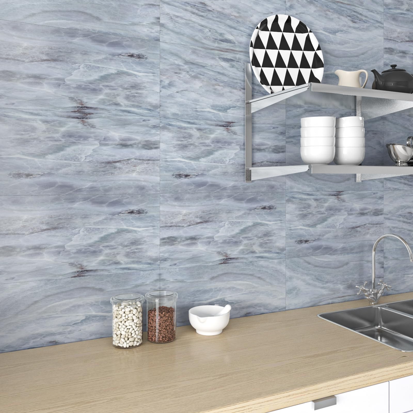Livelynine 12-Pack 24X12" Blue Marble Vinyl Flooring Peel and Stick Floor Tile Stickers Waterproof Bathroom Floor Tiles Self Adhesive Peel and Stick Flooring Kitchen Renter Friendly Tiles for Floor