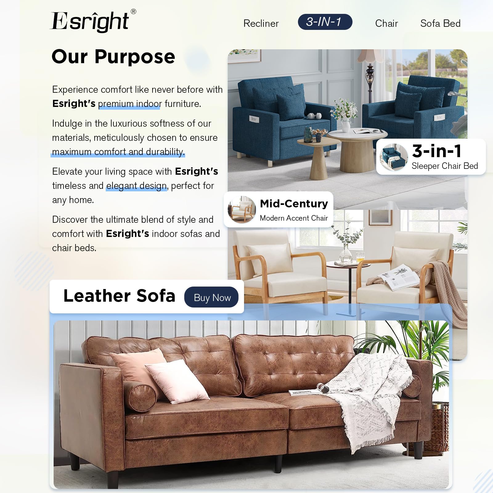 Esright 40 Inch Sleeper Bed 3-in-1 Convertible Futon Chair Multi-Functional Sofa Adjustable Reading Sofa with Modern Linen Fabric, Royal Blue