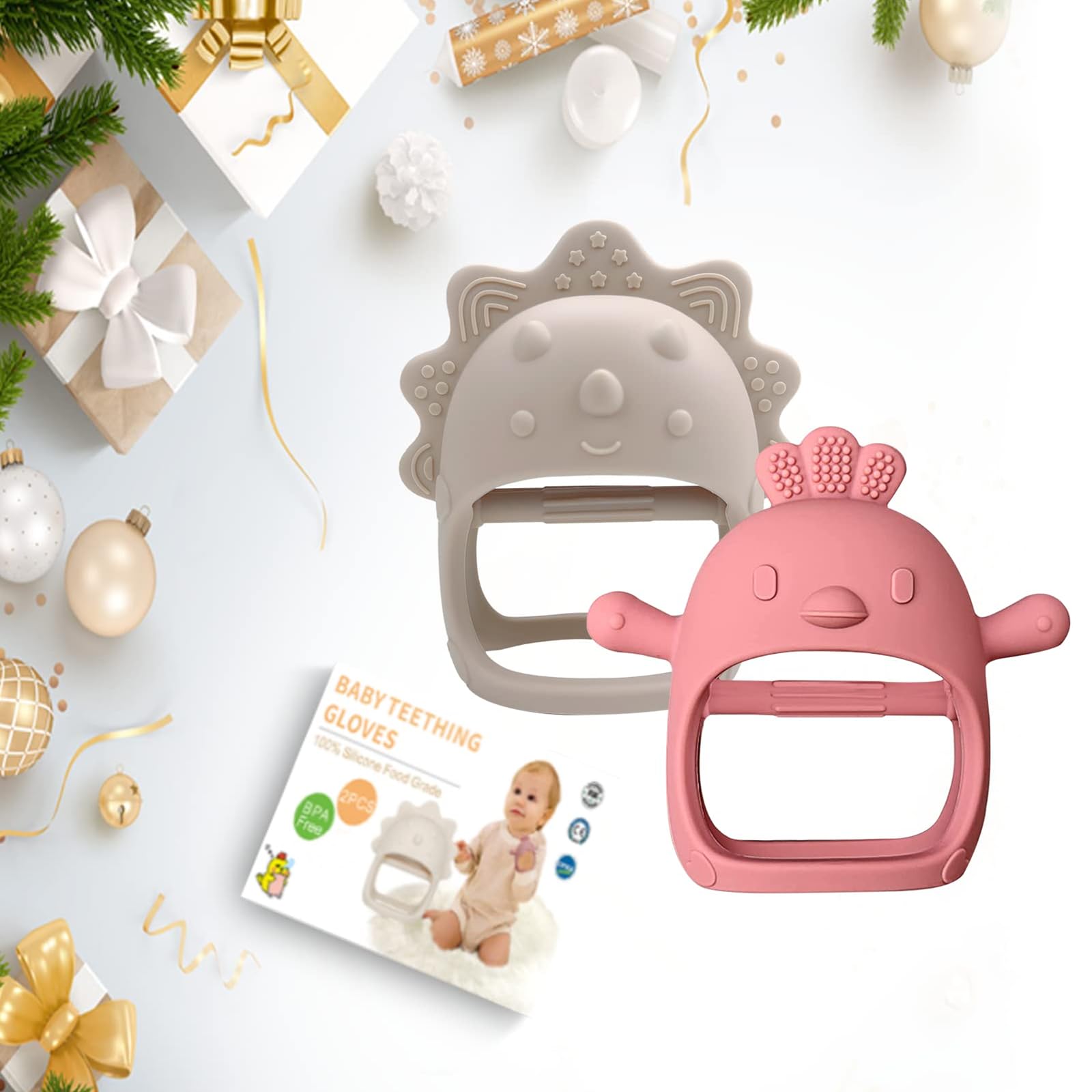 Baby Teething Toys, JUSONEY 2 Packs Anti-Drop Silicone Teething Mitten for Babies 3+ Months, Baby Teething Gloves 3D Chicken and Triceratops Shape Wrist Hand Teethers for Sucking Needs