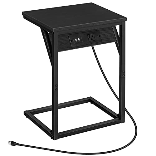 HOOBRO C Shaped End Table with Charging Station, Narrow Sofa Couch Side Table for Small Space, Industrial Bedside Table with Metal Frame for Living Room, Bedroom, Dorm, Black BB06USF01