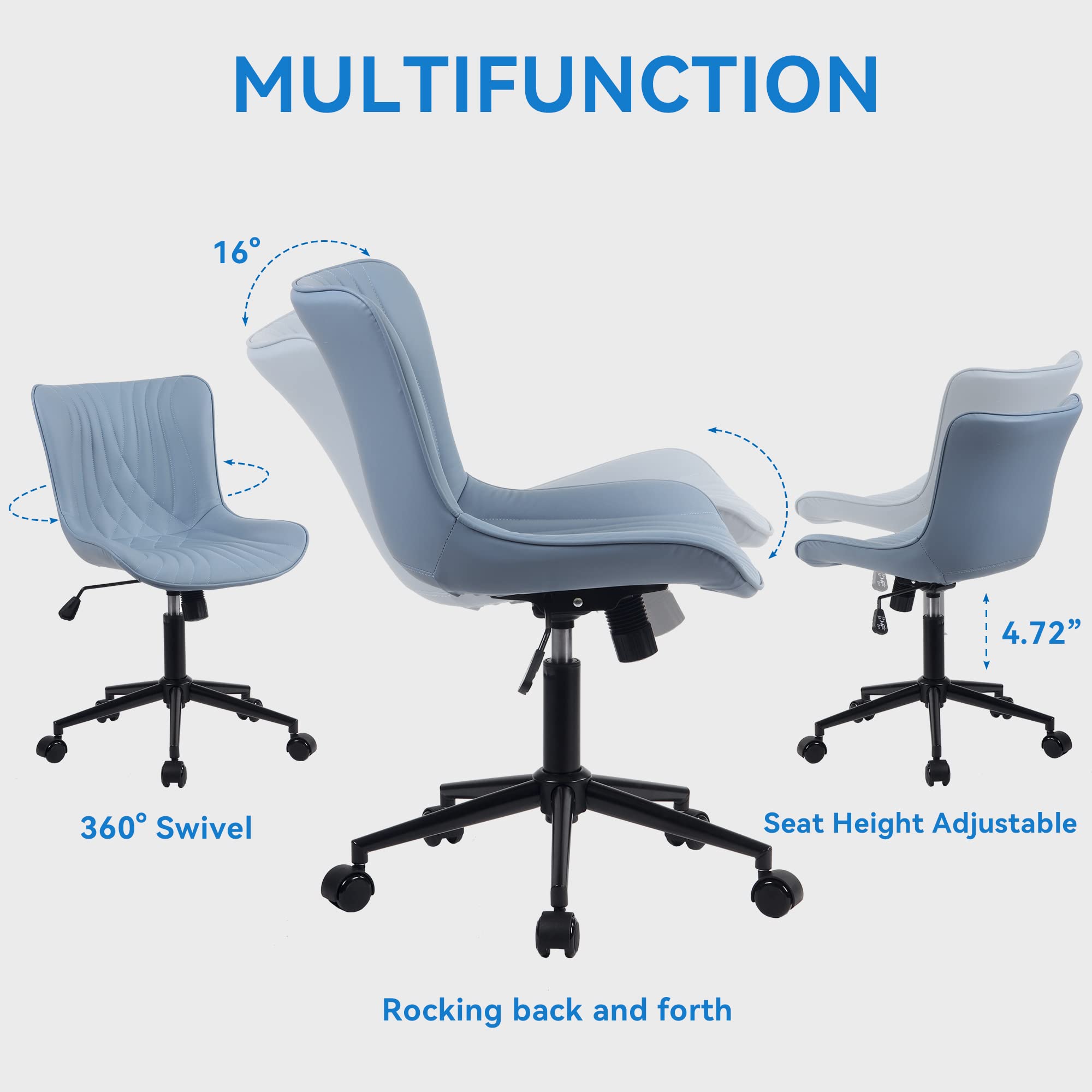 YOUNIKE Office Chair, Armless Desk Chair with Wheels, Aesthetic Home Office Computer Task Chairs, Modern Faux Leather Upholstered Vanity Chair, Adjustable Swivel Rocking Chair with Back, Blue
