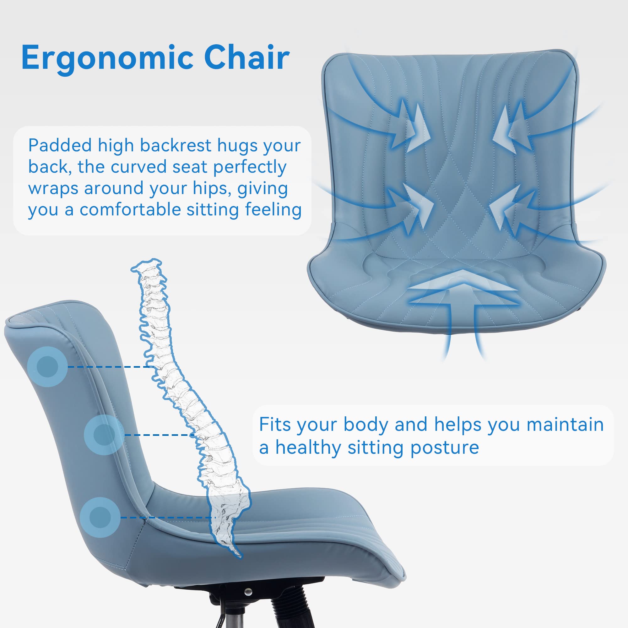 YOUNIKE Office Chair, Armless Desk Chair with Wheels, Aesthetic Home Office Computer Task Chairs, Modern Faux Leather Upholstered Vanity Chair, Adjustable Swivel Rocking Chair with Back, Blue