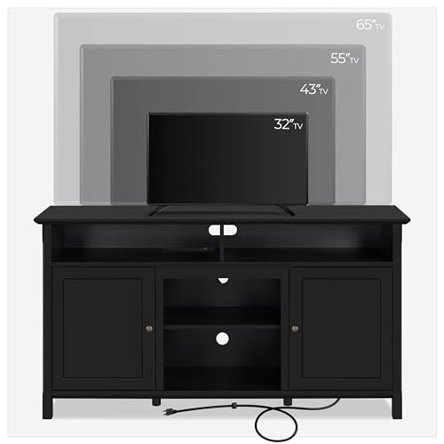 Yaheetech Black TV Stand with Doors for TVs up to 65 in, Modern TV Console with Power Outlet & Storage Shelf, Mid-Century Entertainment Center for Living Room, 31 in Tall