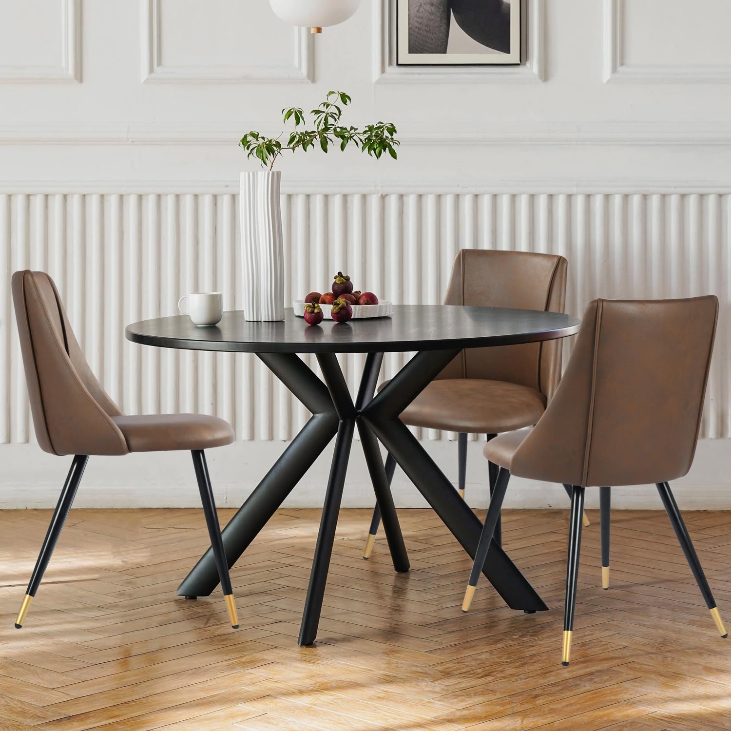 FurnitureR Dining Chairs Set of 2 Modern Upholstered Accent Chairs with Soft Seat/Metal Legs Kitchen Side Chairs for Kitchen Dining Room Waiting Reception Room, Faux Leather, Brown