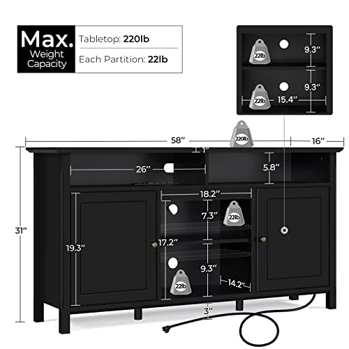Yaheetech Black TV Stand with Doors for TVs up to 65 in, Modern TV Console with Power Outlet & Storage Shelf, Mid-Century Entertainment Center for Living Room, 31 in Tall
