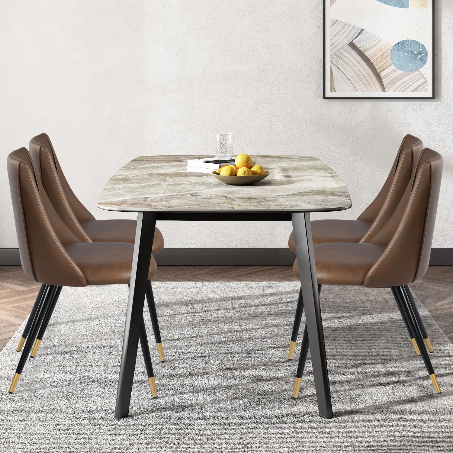 FurnitureR Dining Chairs Set of 2 Modern Upholstered Accent Chairs with Soft Seat/Metal Legs Kitchen Side Chairs for Kitchen Dining Room Waiting Reception Room, Faux Leather, Brown